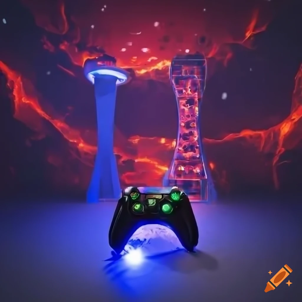 Gaming tower with led lights and controller against underground lava ...