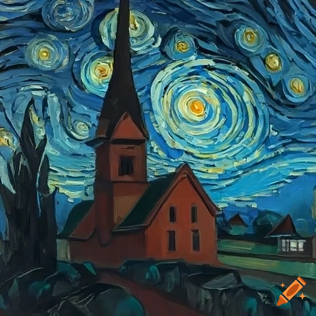 Starry night with a distant church in an asymmetrical artwork on Craiyon