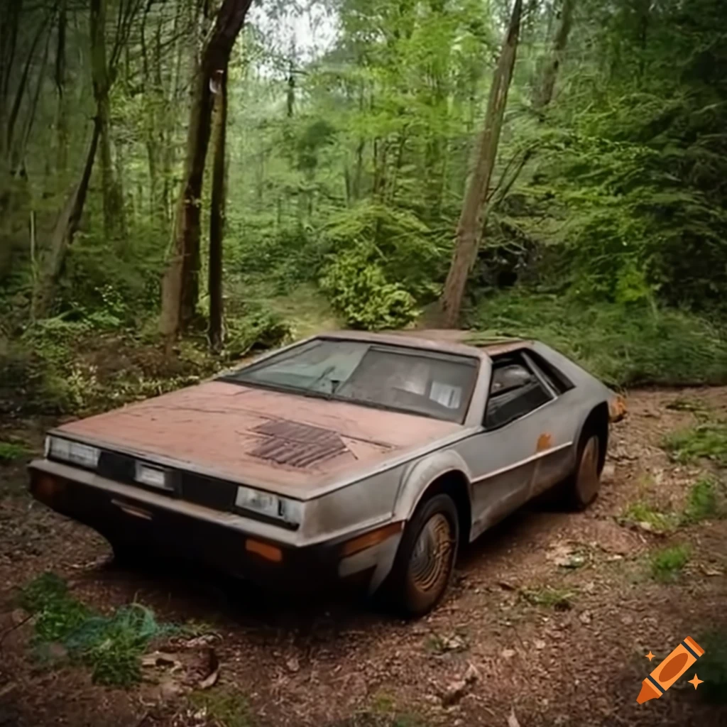 Abandoned rusted dmc-12 delorean in a forest on Craiyon