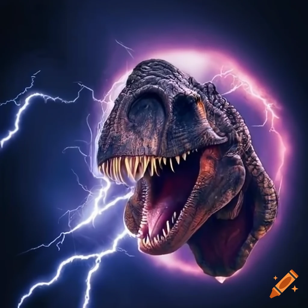T-rex in a universe surrounded by thunder and lightning on Craiyon