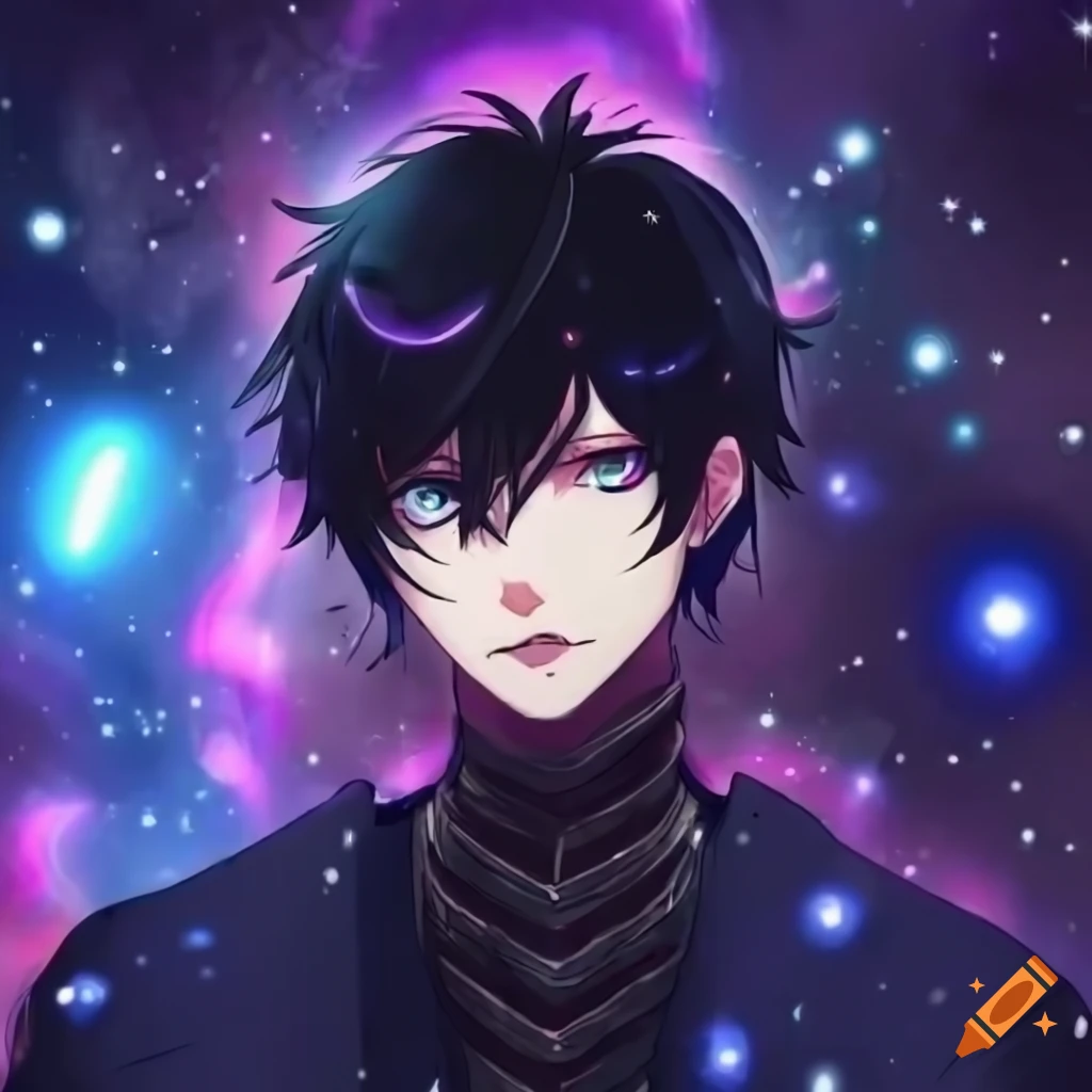 Anime exorcist man with powerful flail and galaxy patterned eyes, black ...