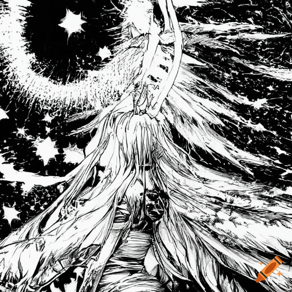Black and white highly detailed manga panel of an angel exploding in ...