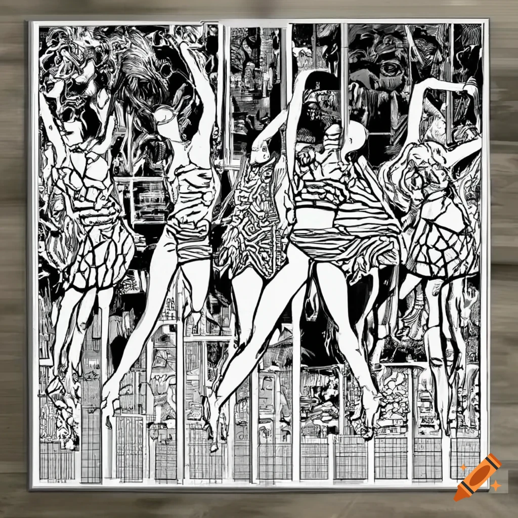 Black and white highly detailed comic panel of dancers on Craiyon