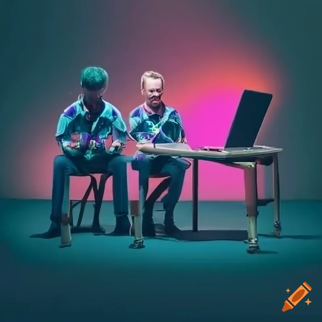 Two men enjoying a music session in the countryside on Craiyon