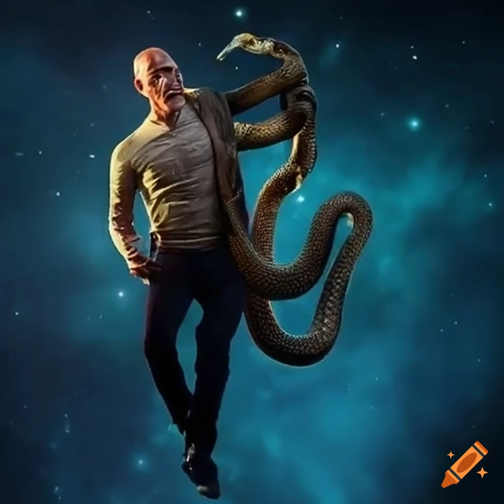 Man carrying a snake under a night sky on Craiyon