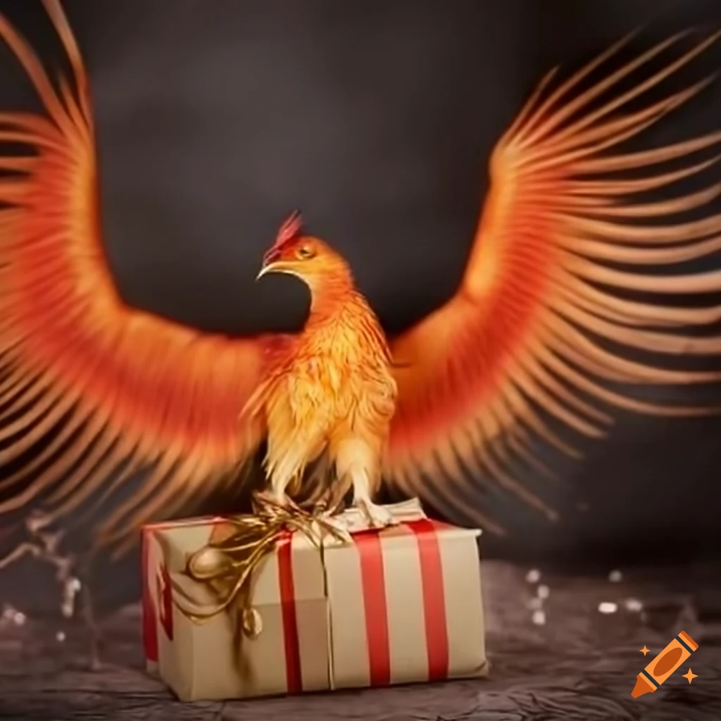 Phoenix perched on a christmas present on Craiyon