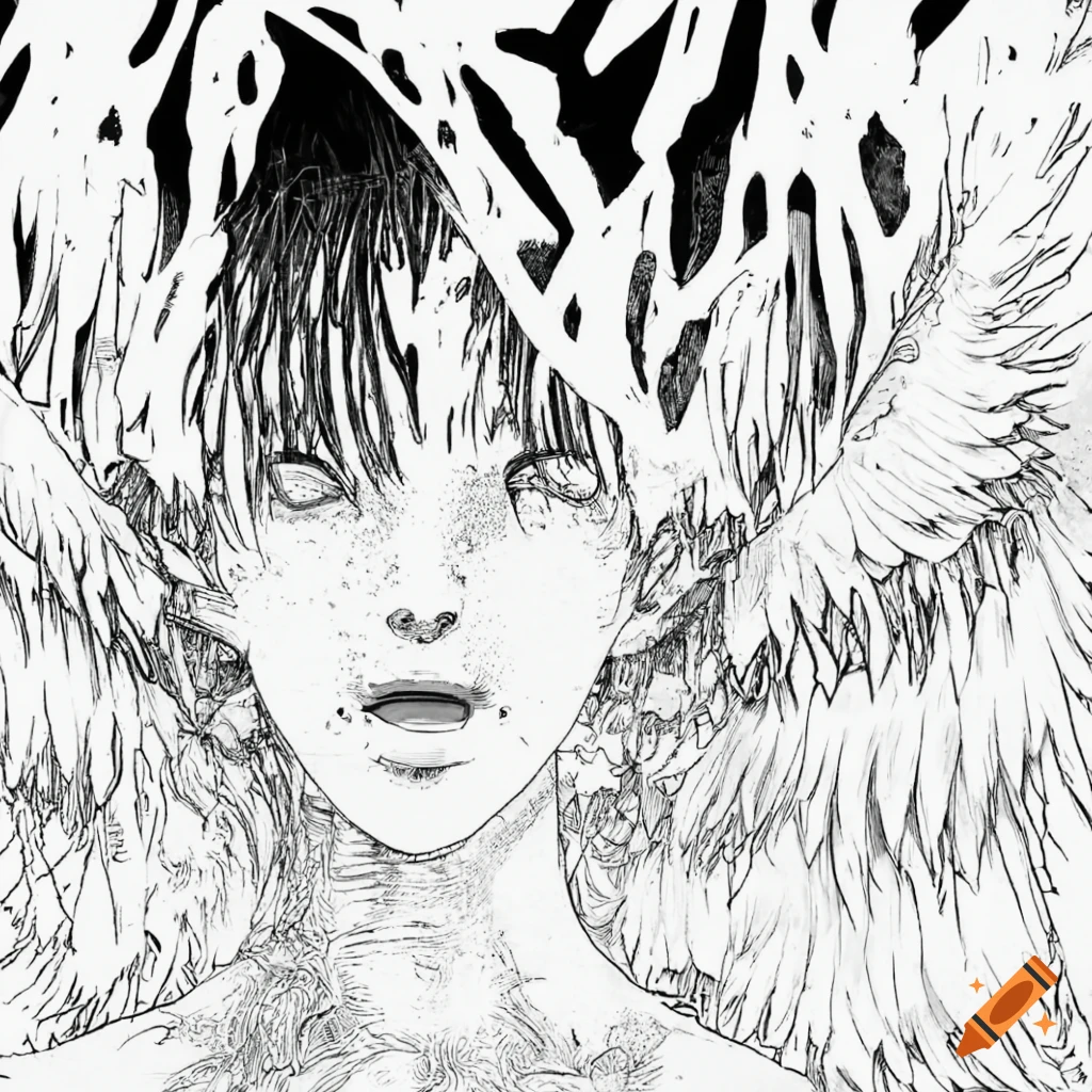 Black and white manga panel of an exploding angel in stars on Craiyon
