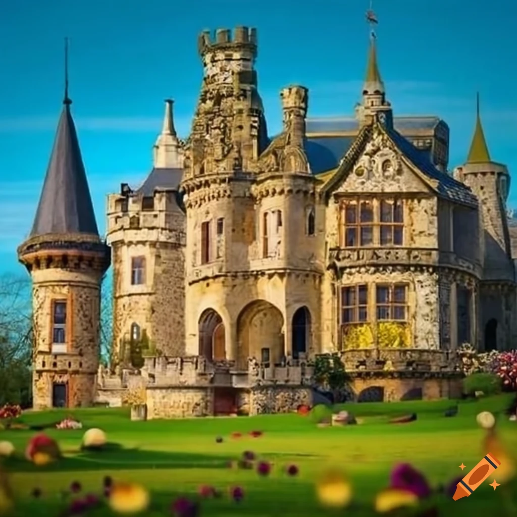 Elaborate victorian-inspired stone castle with surrounding gardens on ...