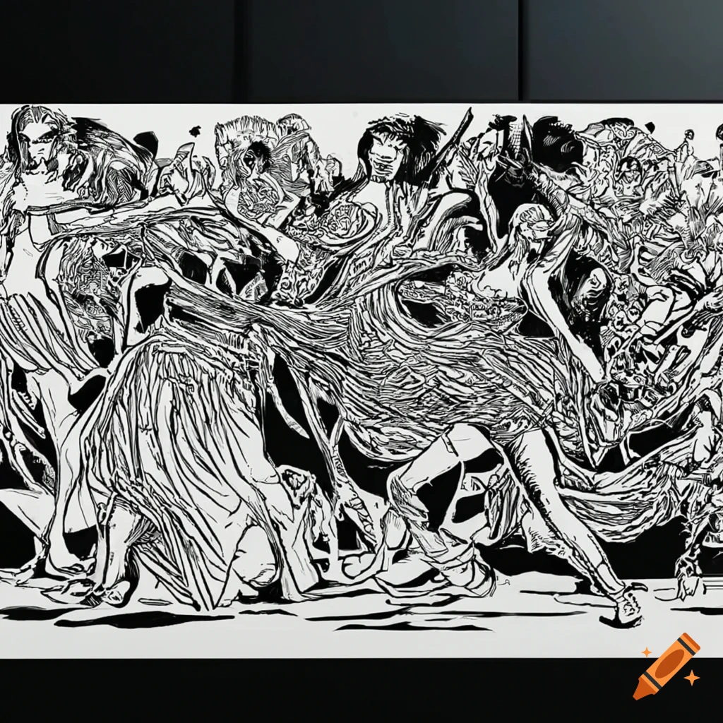 Black and white highly detailed comic panel of dancers on Craiyon