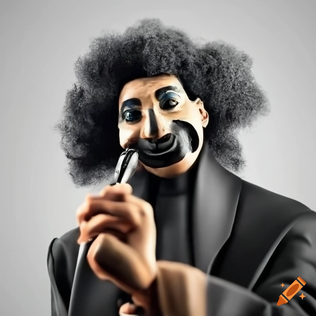 Man in black costume made of modeling clay with a microphone on Craiyon