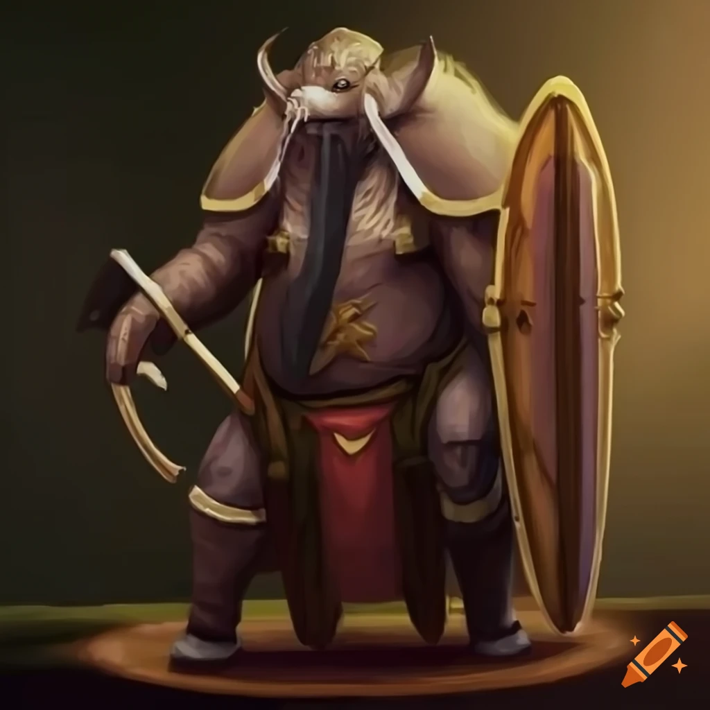 Loxodon cleric with a shield ready for defense on Craiyon