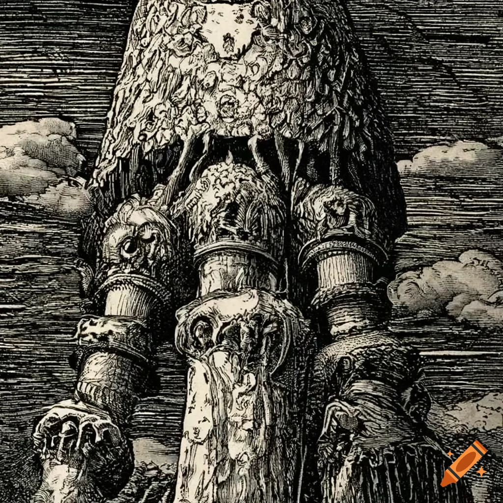 Highly detailed etching engraving of ancient temples and medieval ...