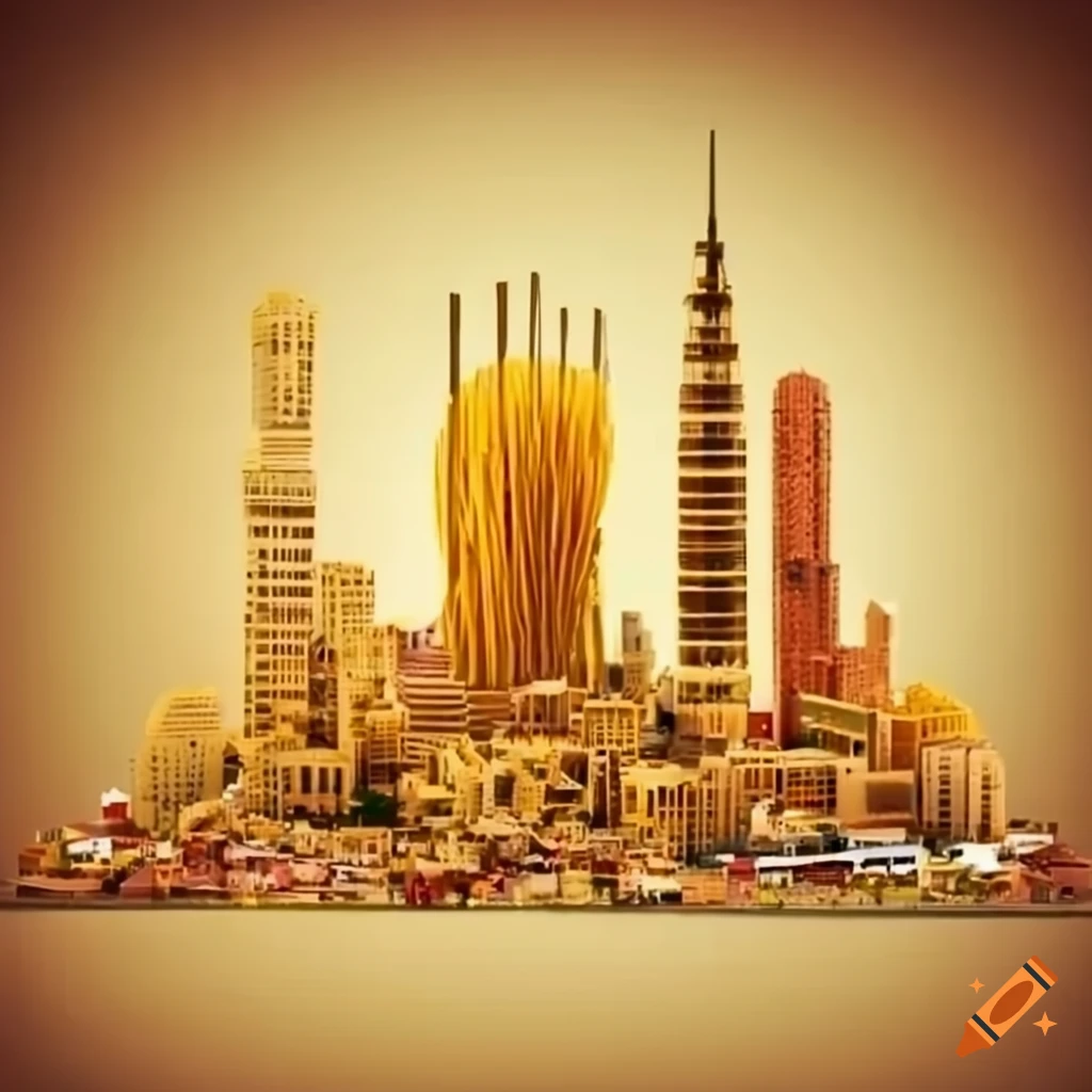 Cityscape with buildings and skyscrapers made of pasta on Craiyon