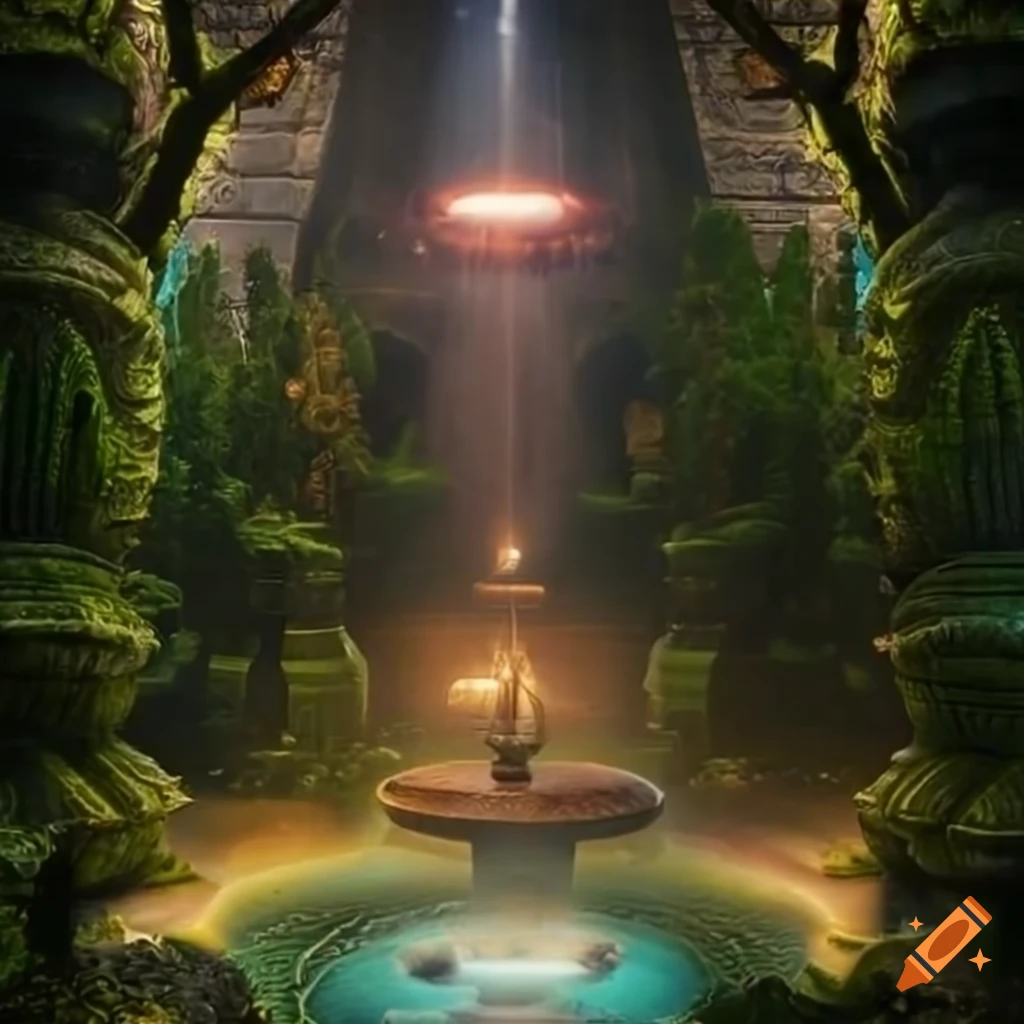 Outer-space temple hall with exotic plants, fountains, and jedi statue ...