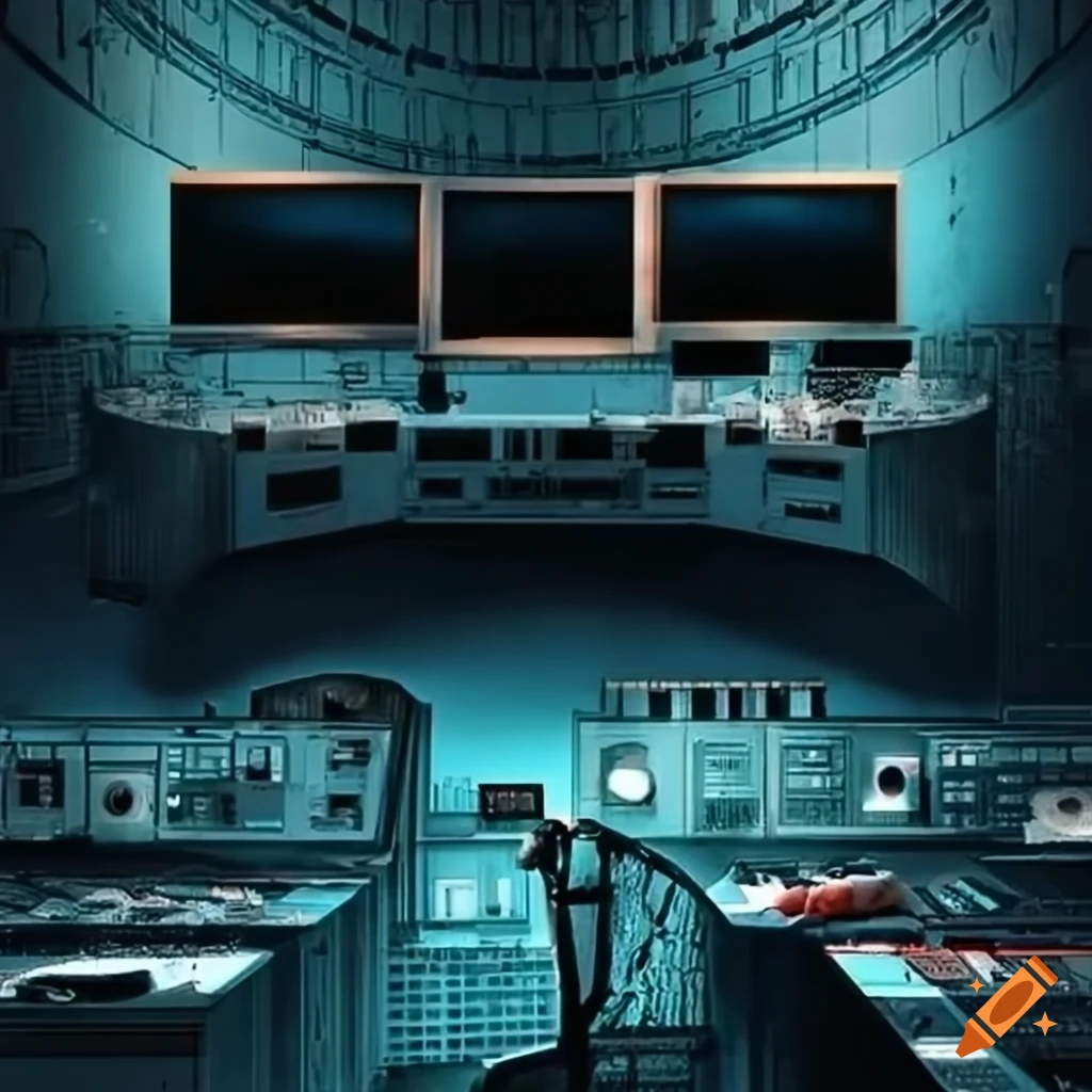 Dystopian control room with large screens in a movie poster theme on ...