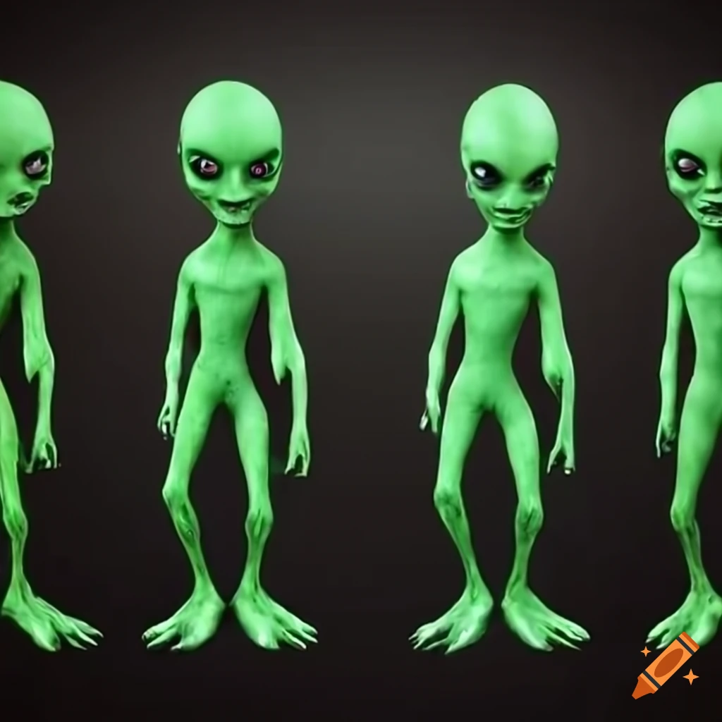 Sequence of realistic alien friends in green and red standing in a row ...