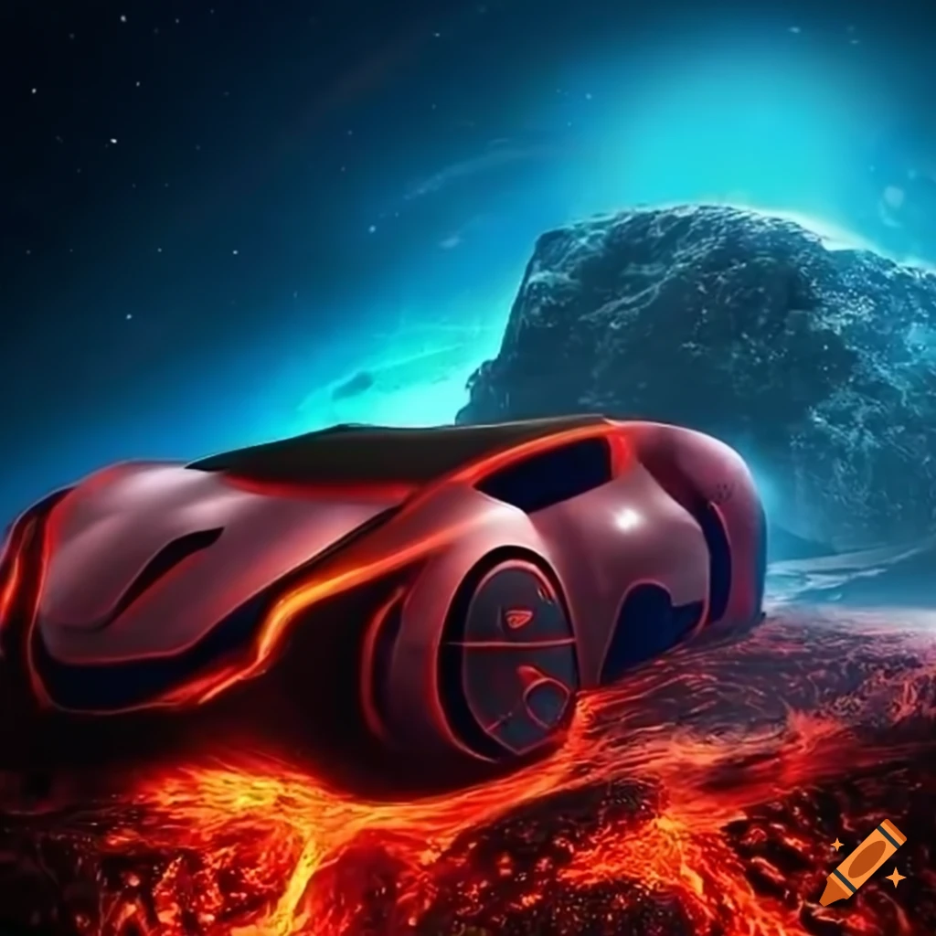 Concept car in an underground lava landscape with planets and stars in ...