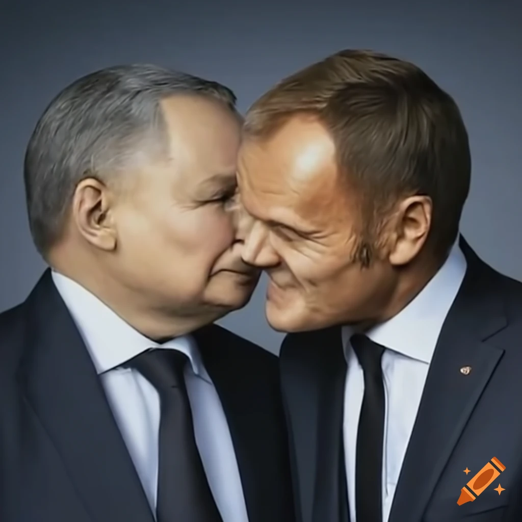Satirical image of jarosław kaczyński kissing donald tusk on Craiyon