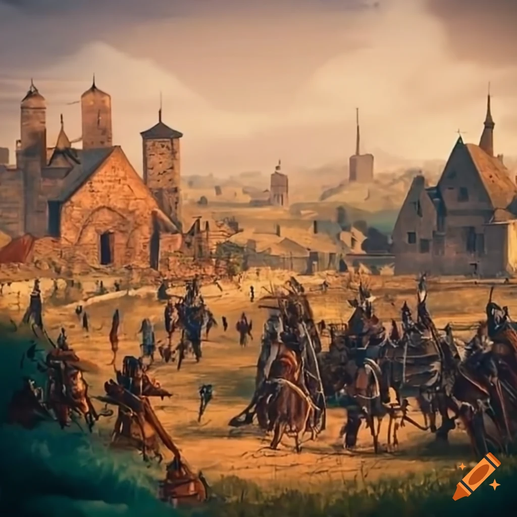 Village surrounded by a small medieval army on Craiyon