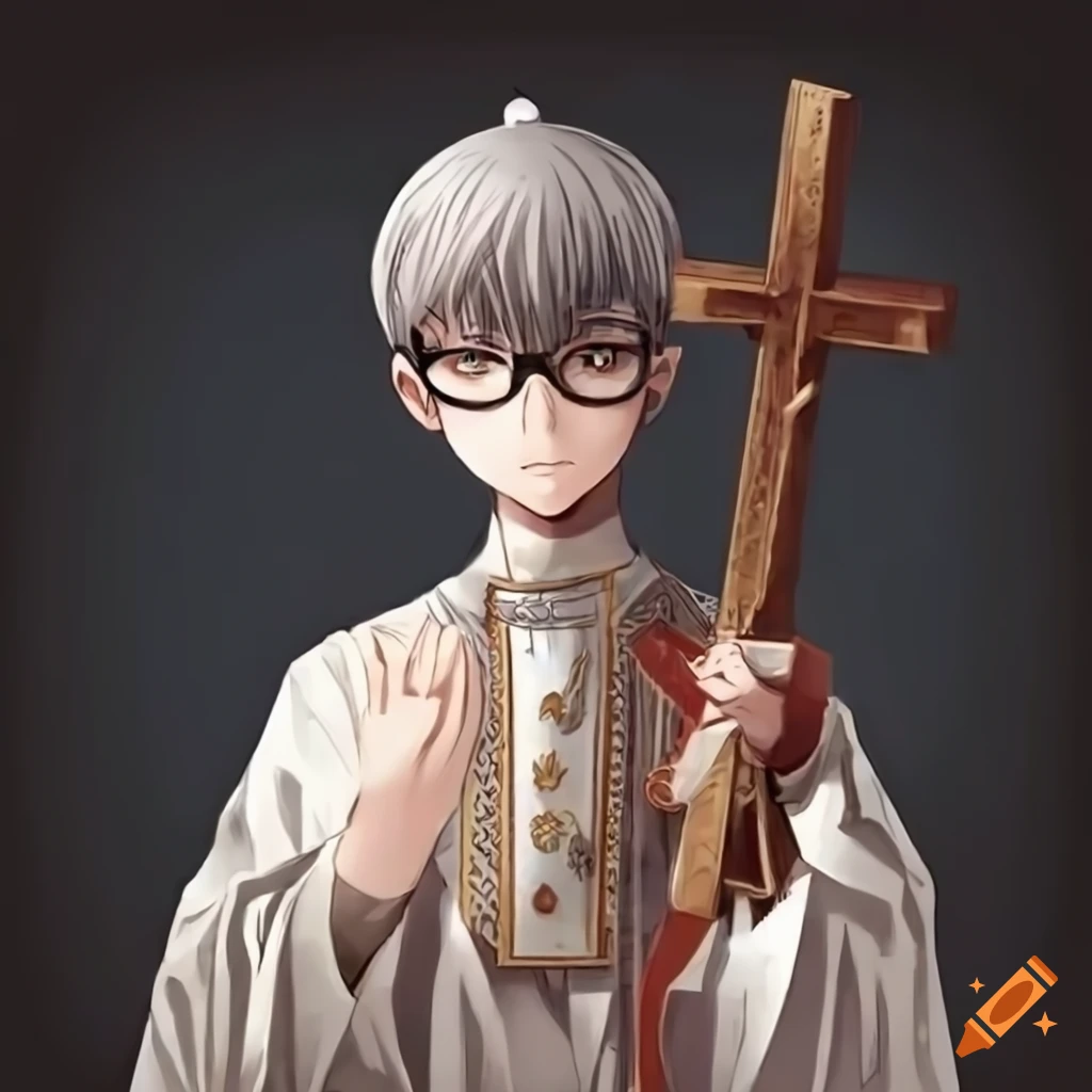Anime boy with glasses in vatican christian priest outfit holding a ...
