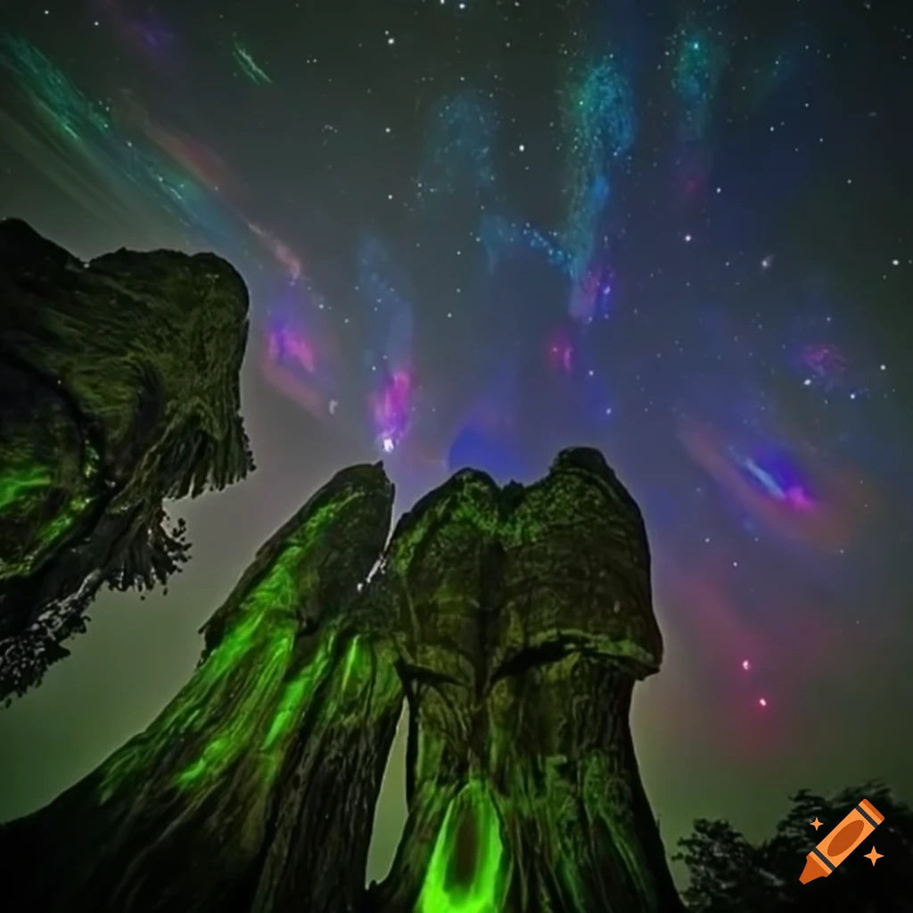 Alien environment with bioluminescent trees communicating through ...