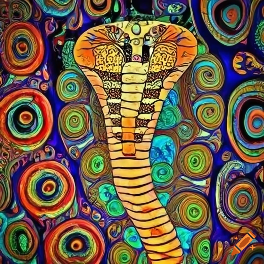Cobra with hypnotic eyes in a psychedelic cavern on Craiyon