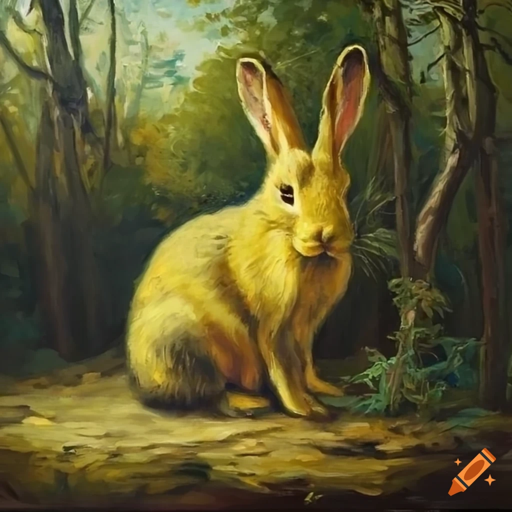 Dark yellow rabbit riding on a large blue bear in the forest, oil ...