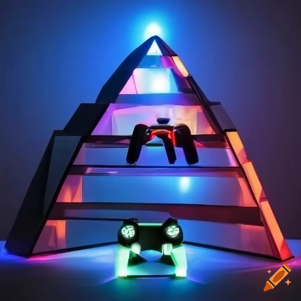 Pyramid concept gaming tower with LEDs and gaming controller on Craiyon