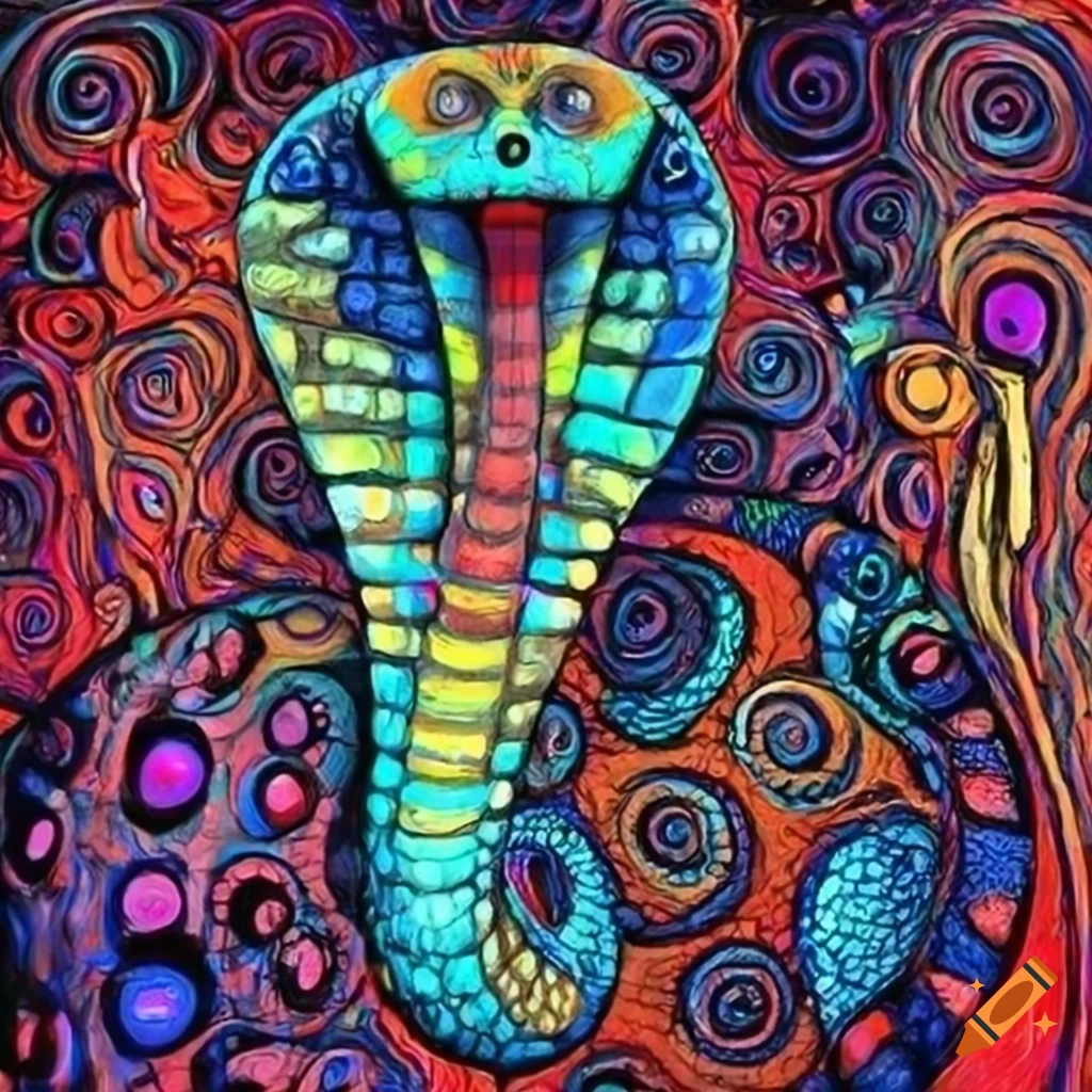Surrealistic klimt-style cobra in a psychedelic dark cavern on Craiyon