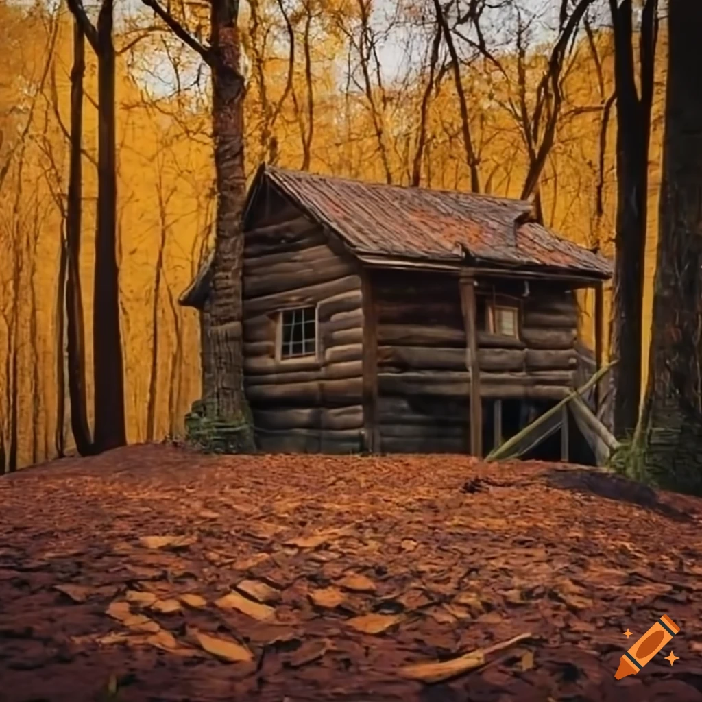 Cabin in the forest surrounded by fall foliage and sunset on Craiyon