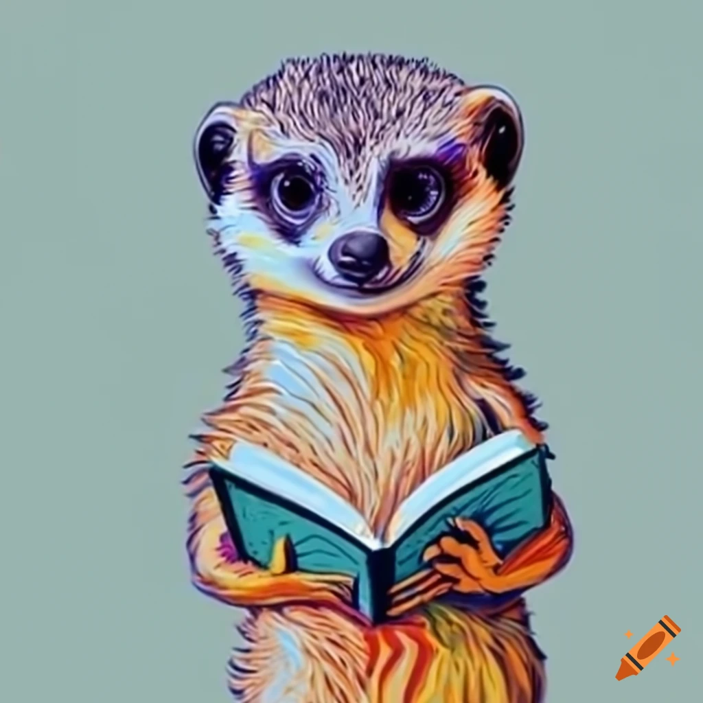 Baby meerkat reading a book in black and white on Craiyon