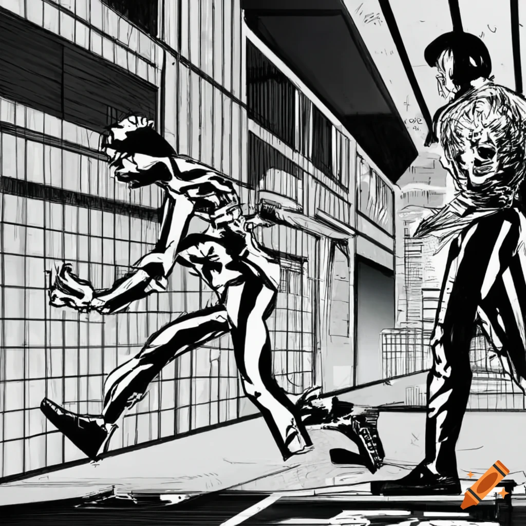 Man running in black and white comic panels on Craiyon