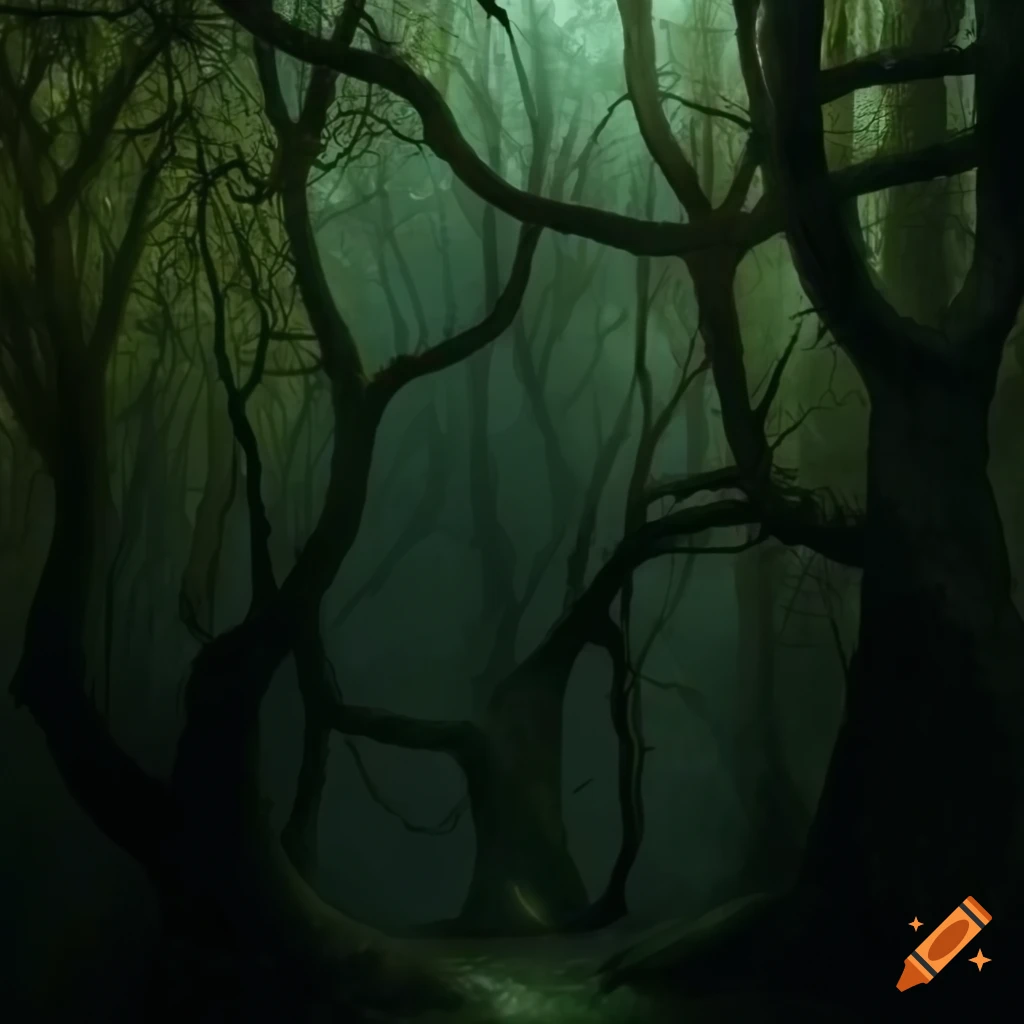 Dark enchanted forest with old gnarled trees and dense leafy canopy on ...
