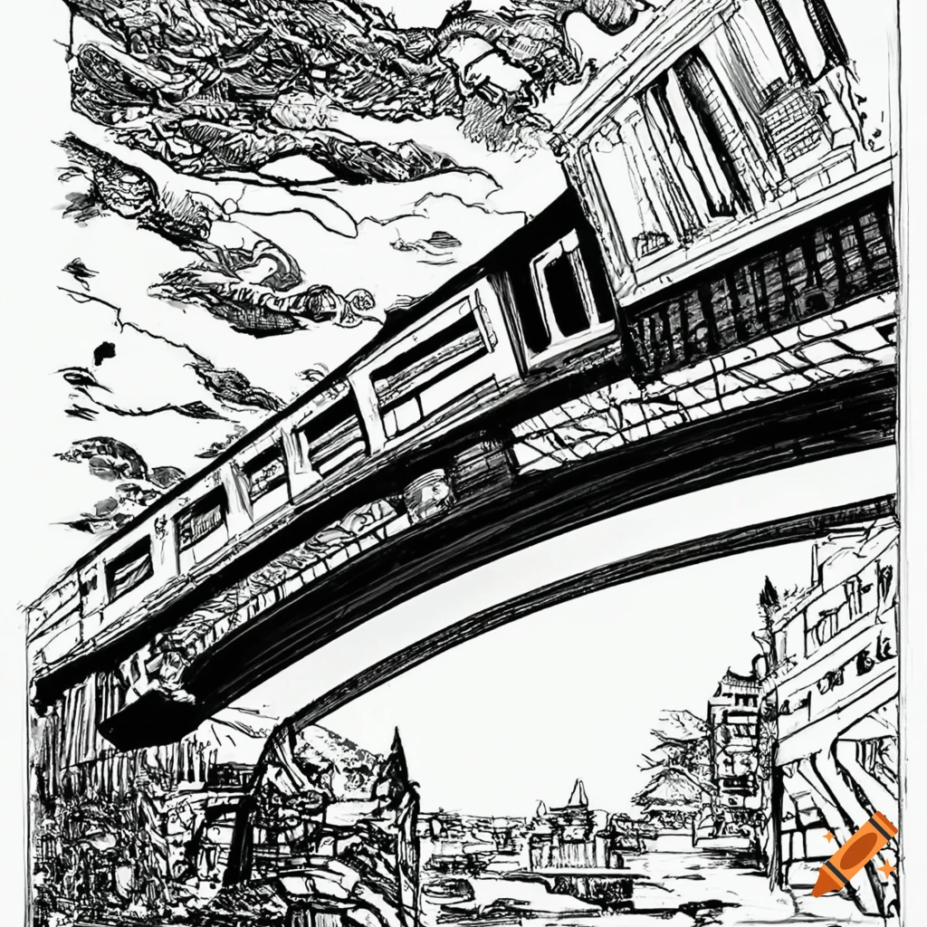 Black and white train falling from a bridge coloring page on Craiyon
