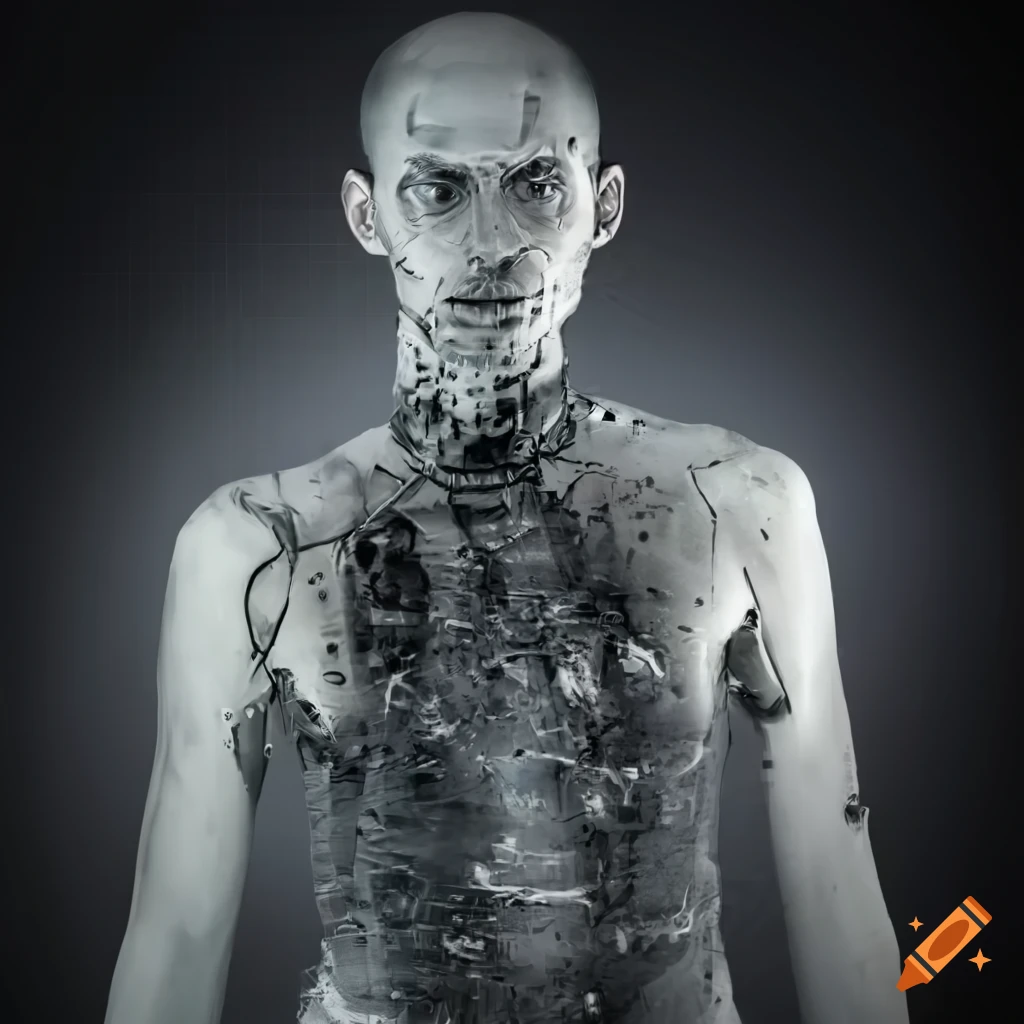 Futuristic damaged cyborg in transparent attire on Craiyon