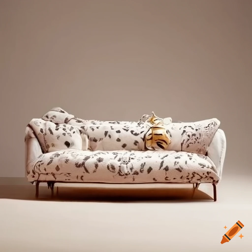 Cozy sofa upholstered with white tiger animal print fabric on a neutral ...
