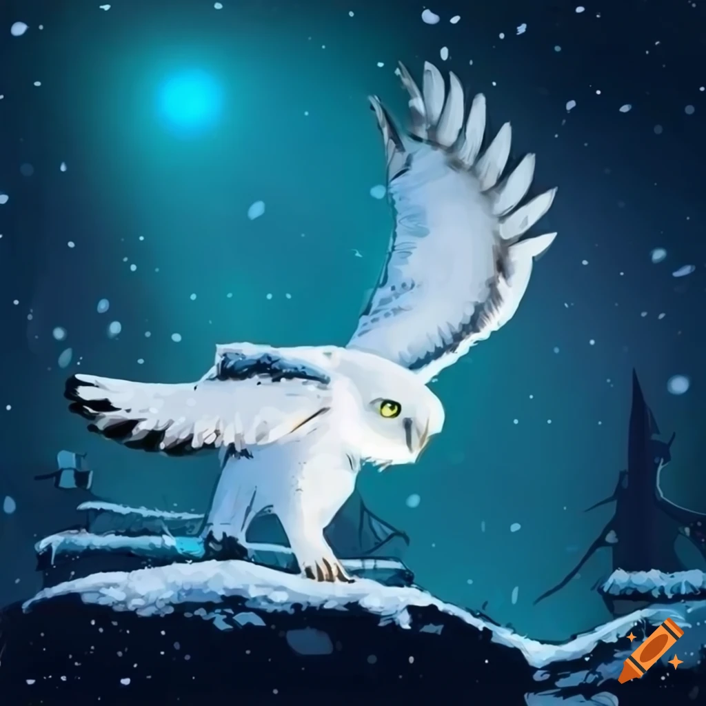 White cyberpunk snow owl flying in the snow in Tim Doyle style on Craiyon