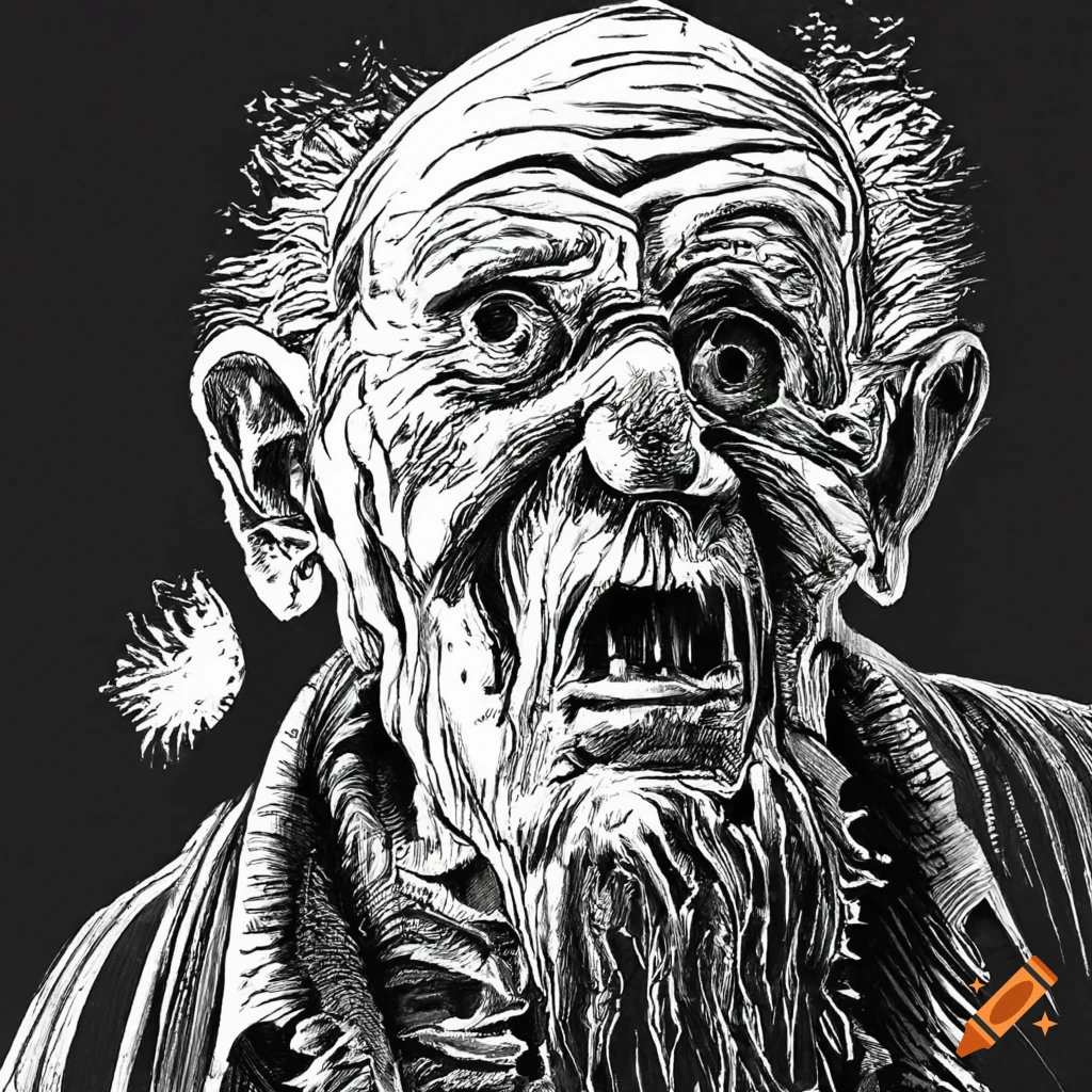 Pen and ink drawing of a scared old man in the style of bernie ...