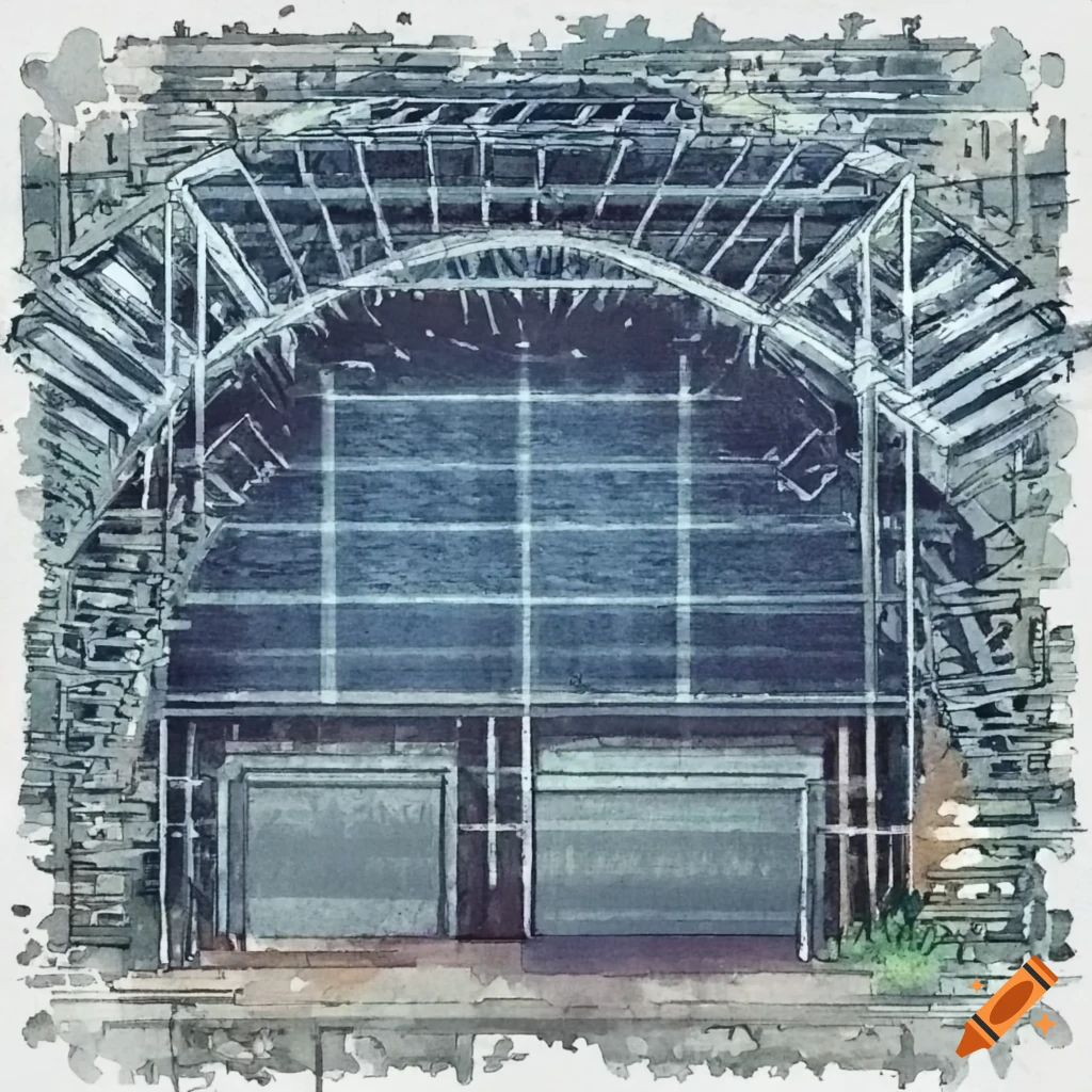 Blueprint roof of a large hangar with multiple staircases and internal structural stairs on Craiyon