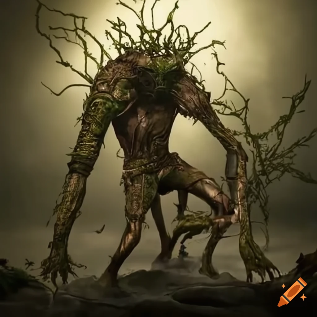 Giant plant creatures battling medieval knights on a rocky wasteland on ...