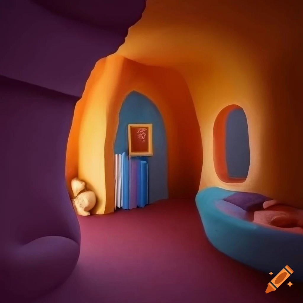 Colorful cave alcove with decorative clay objects on shelves on Craiyon