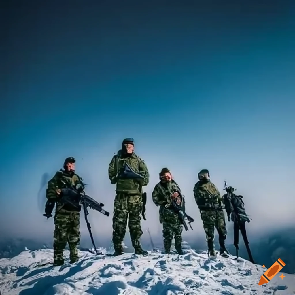 Ukrainian military standing strong amidst snowy mountains on Craiyon