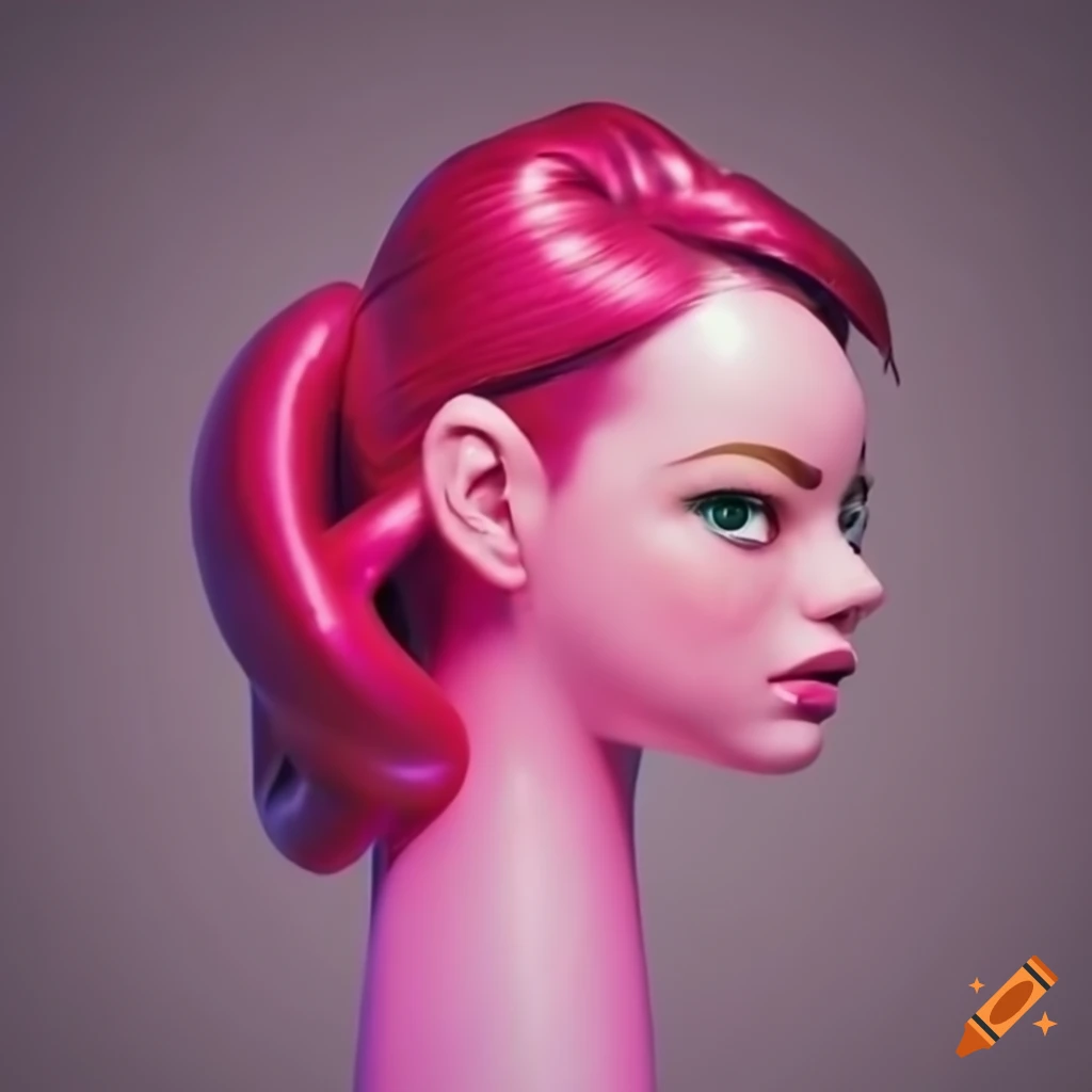 Close-up of emma stone's face on an inflatable pony body with glossy ...