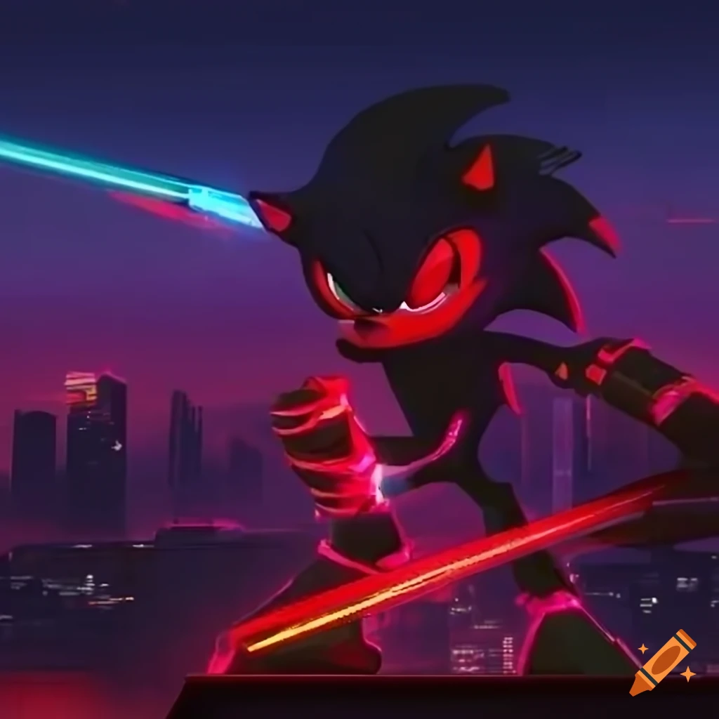 Sonic the hedgehog in high-tech armor with glowing energy katana in ...