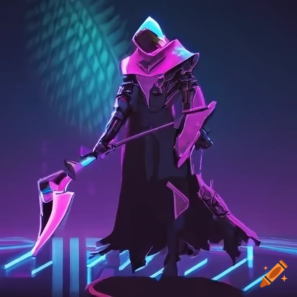 Knight with scythe in retrowave synthwave cyberpunk style on Craiyon
