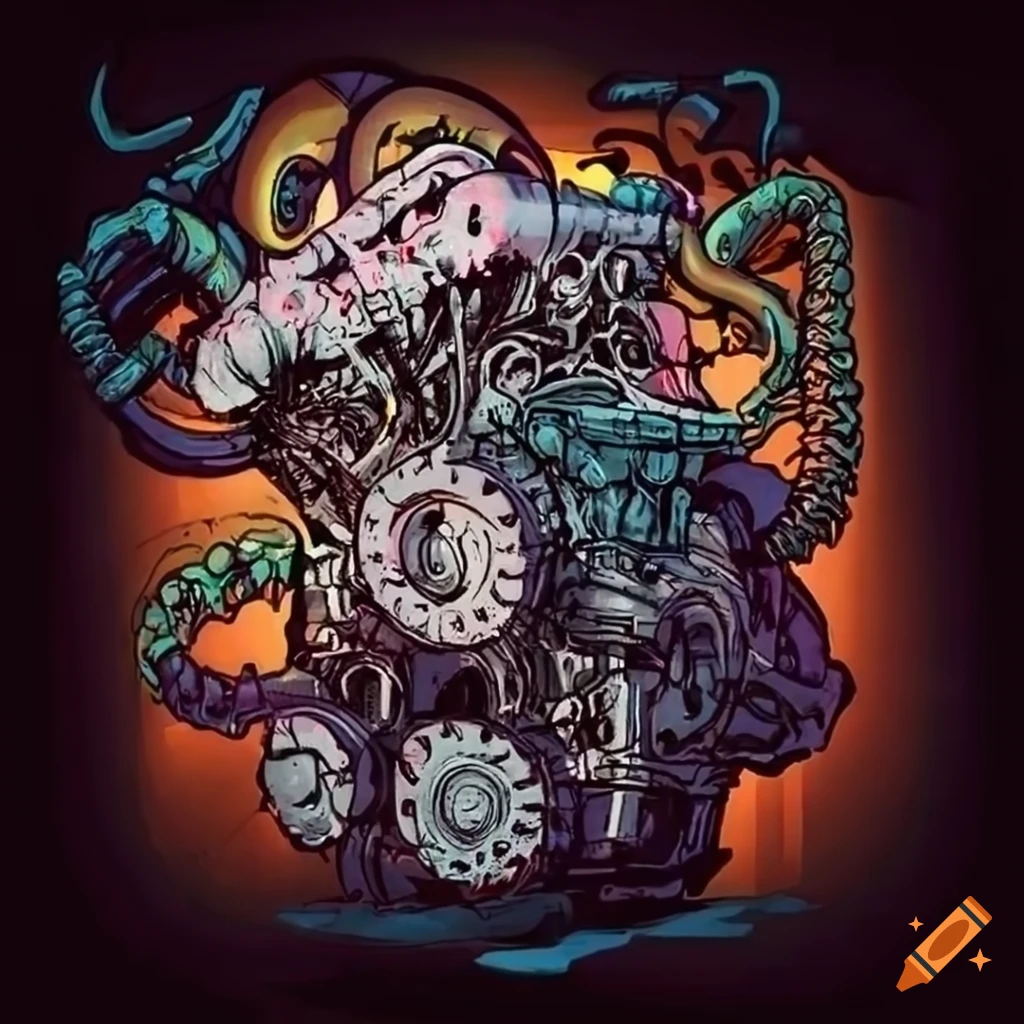 Diesel engine with tentacles and bones in graffiti style on Craiyon