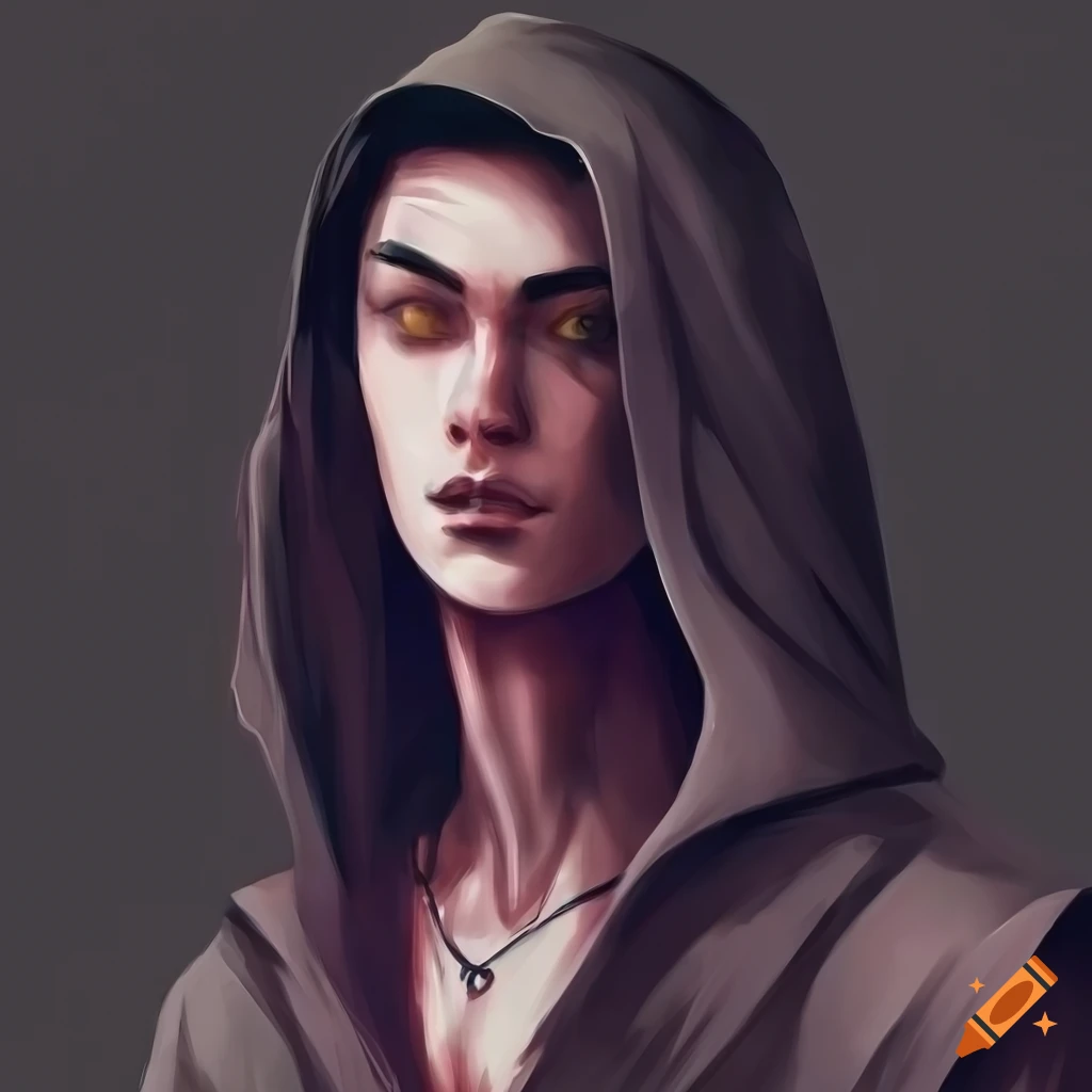 Illustration of a handsome and elegant androgynous figure in a hooded ...