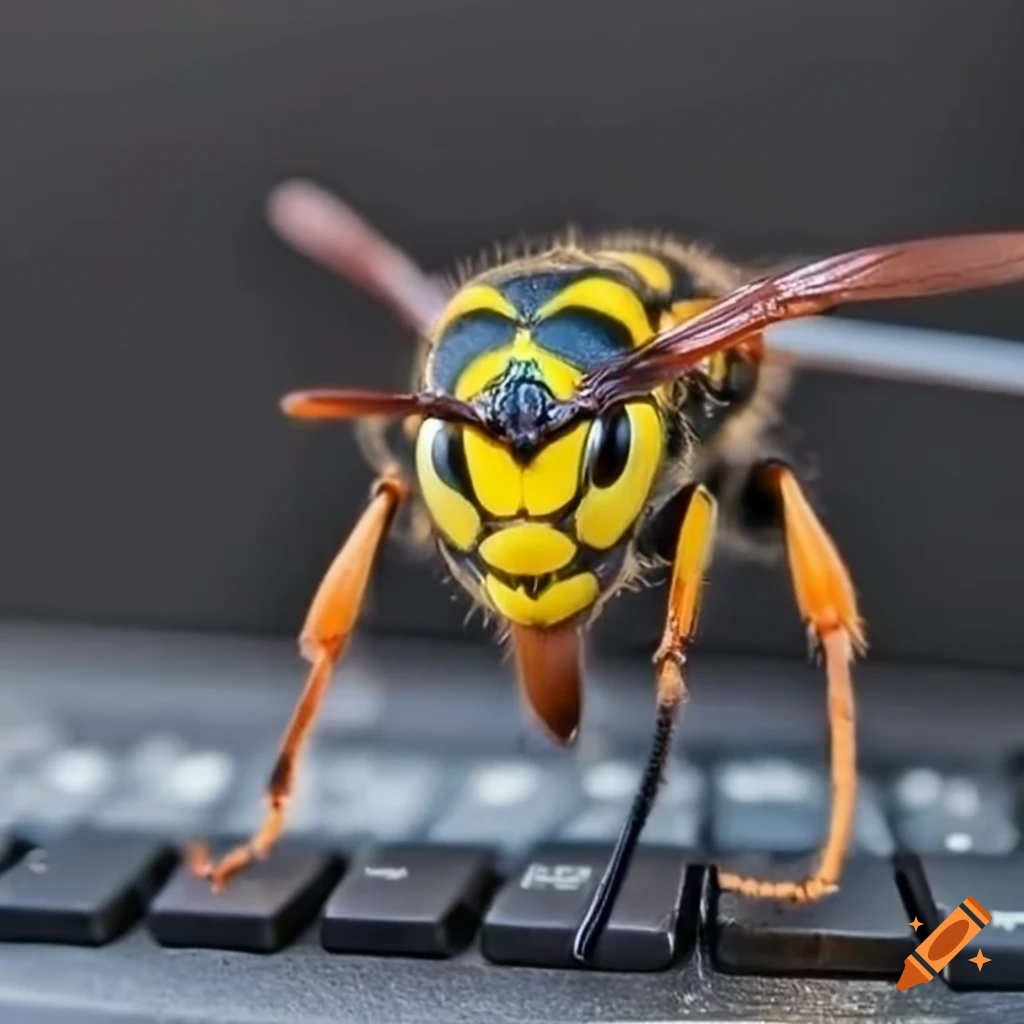 Giant wasp with a headset on a keyboard on Craiyon
