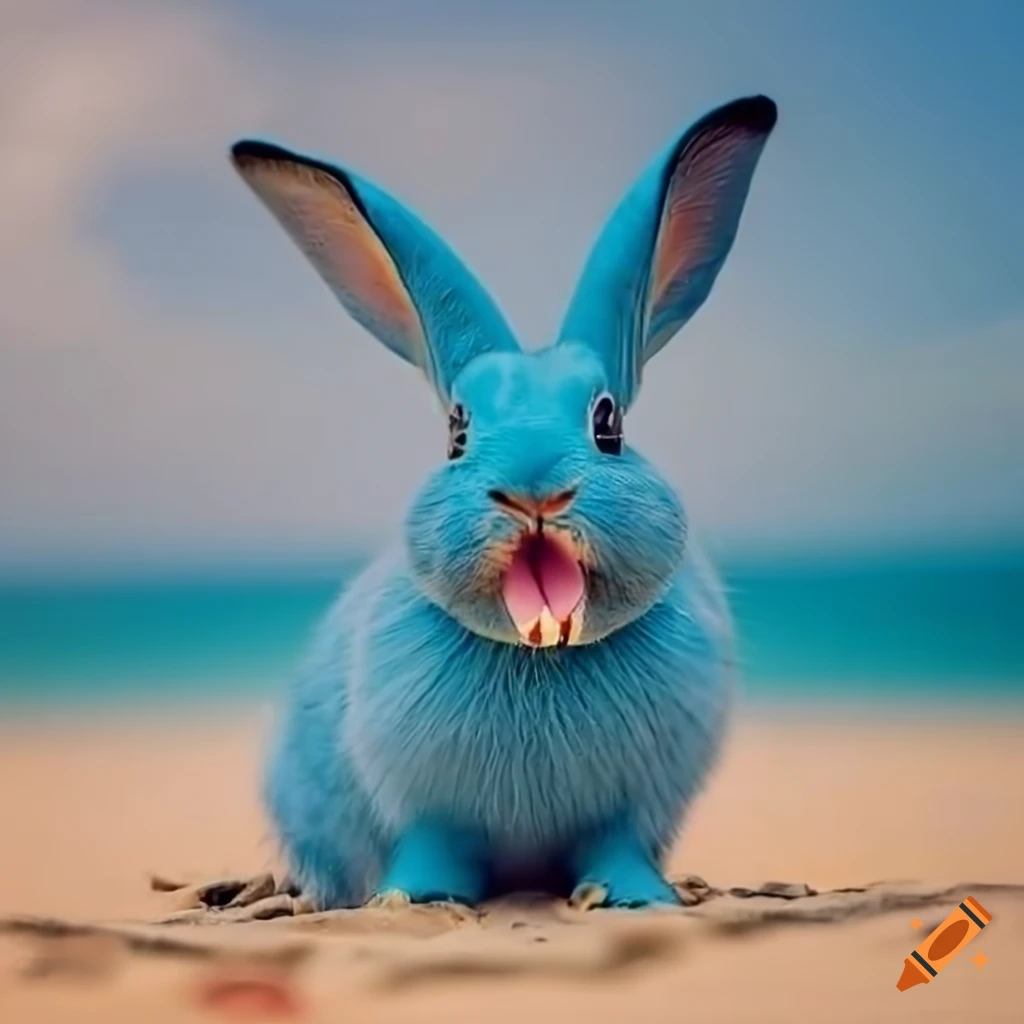 Blue rabbit with big teeth on a sandy beach with palm trees and blue ...