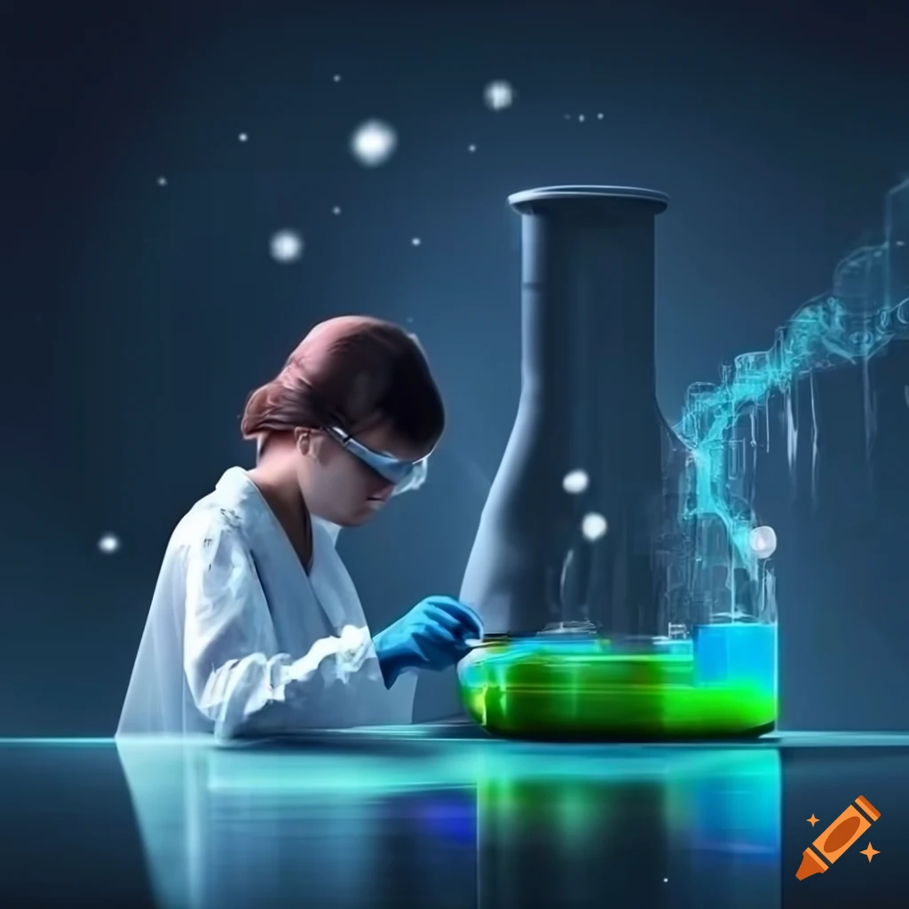 Two scientists studying mysterious chemicals in a fantasy laboratory on ...